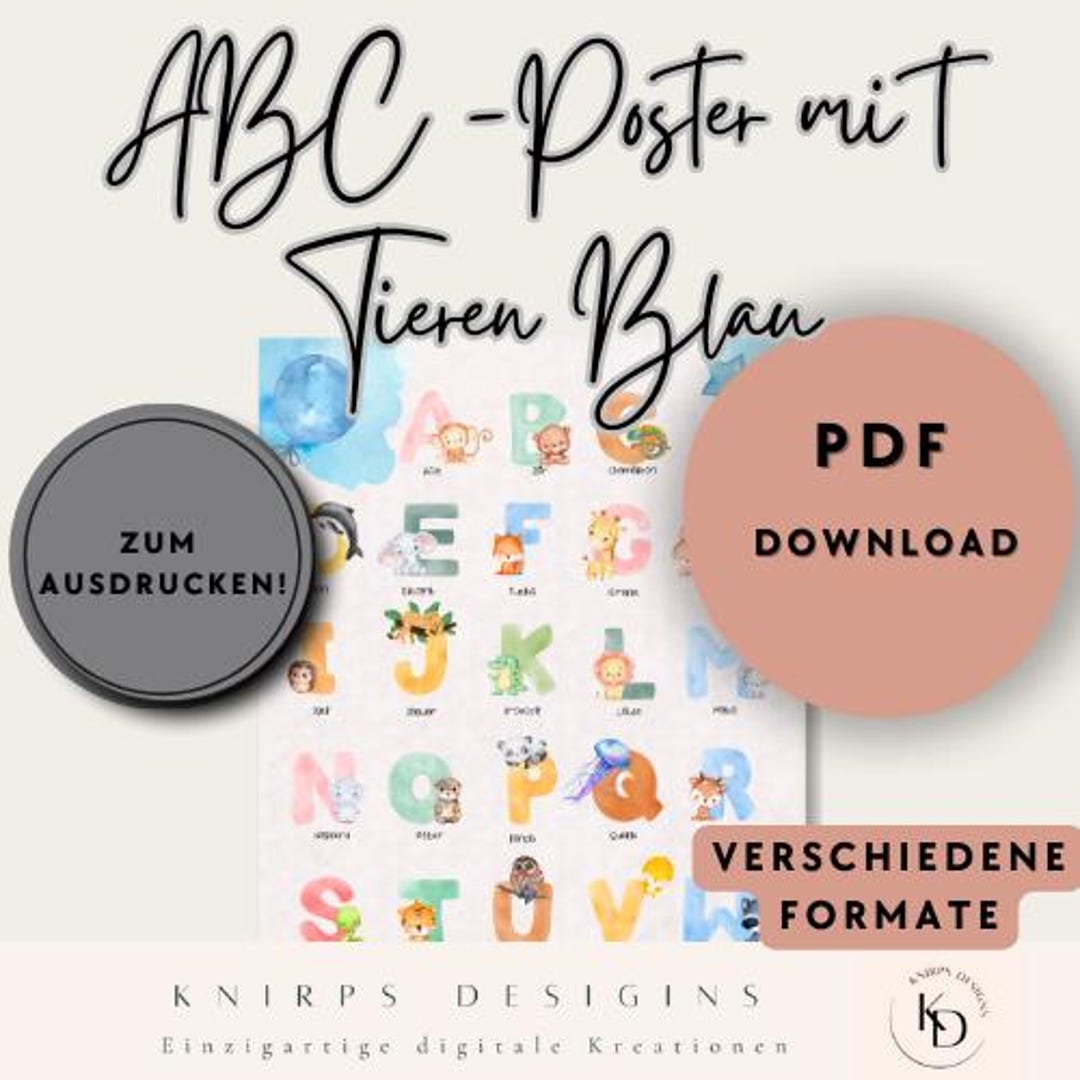 Wall Poster ABC With Animals Alphabet Blue Preschool Elementary School ...