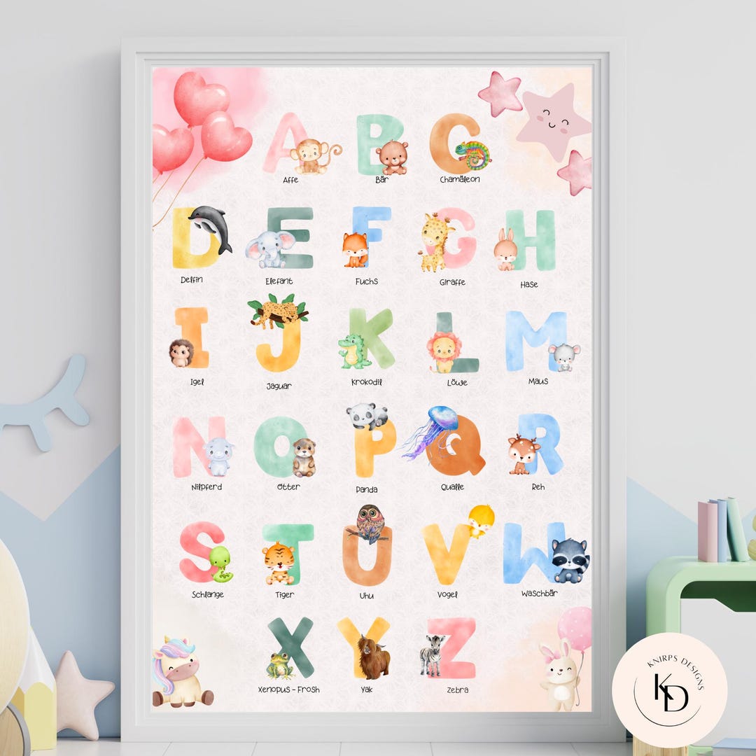 Wall Poster ABC Alphabet Pink Preschool Elementary School Animal Motifs ...