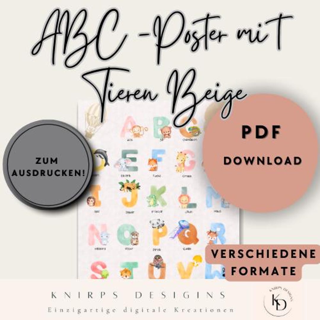 Wall Poster ABC With Animals Alphabet Beige Preschool Elementary School ...