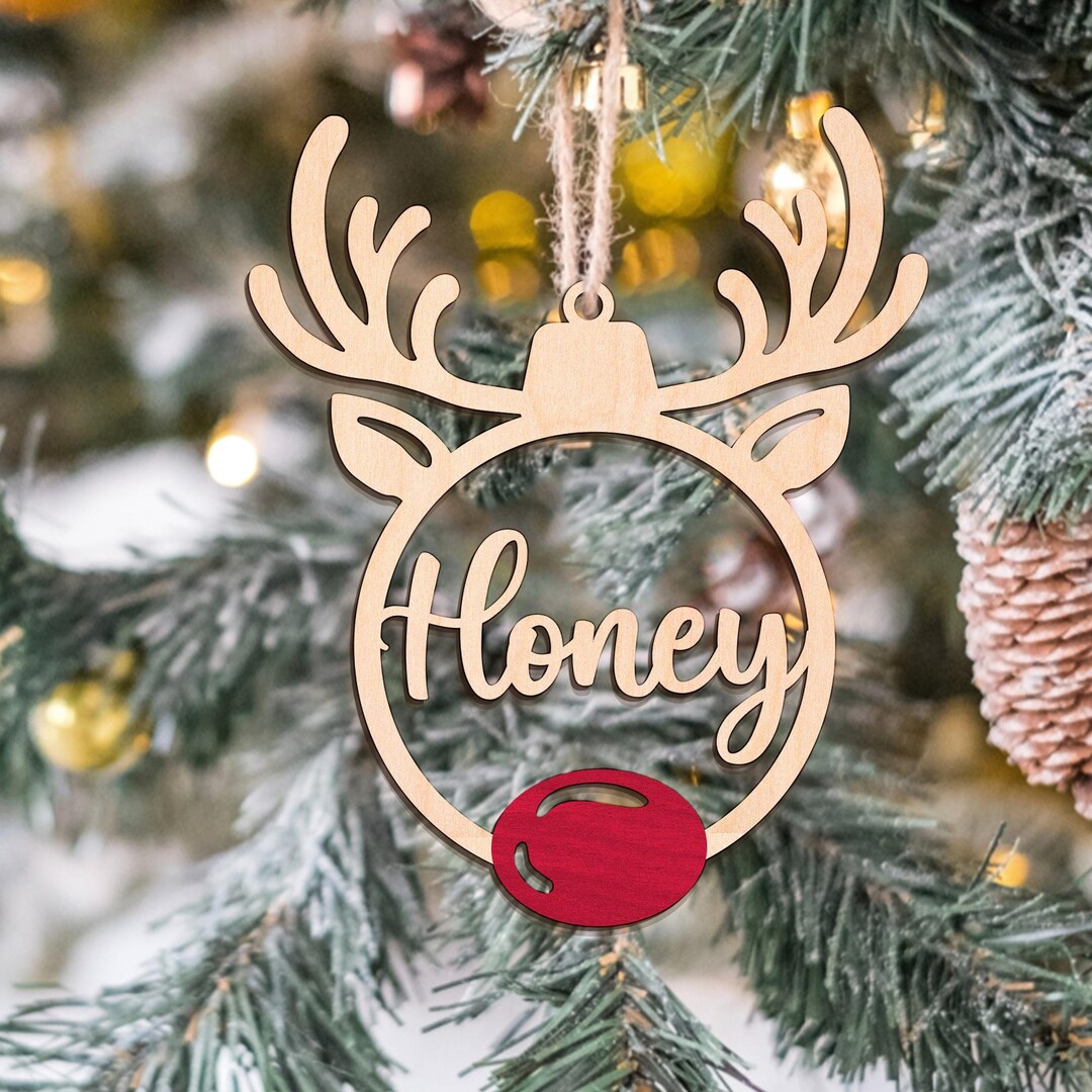 Personalized Cute Reindeer Face Wooden Christmas Ornament, Tree Xmas ...