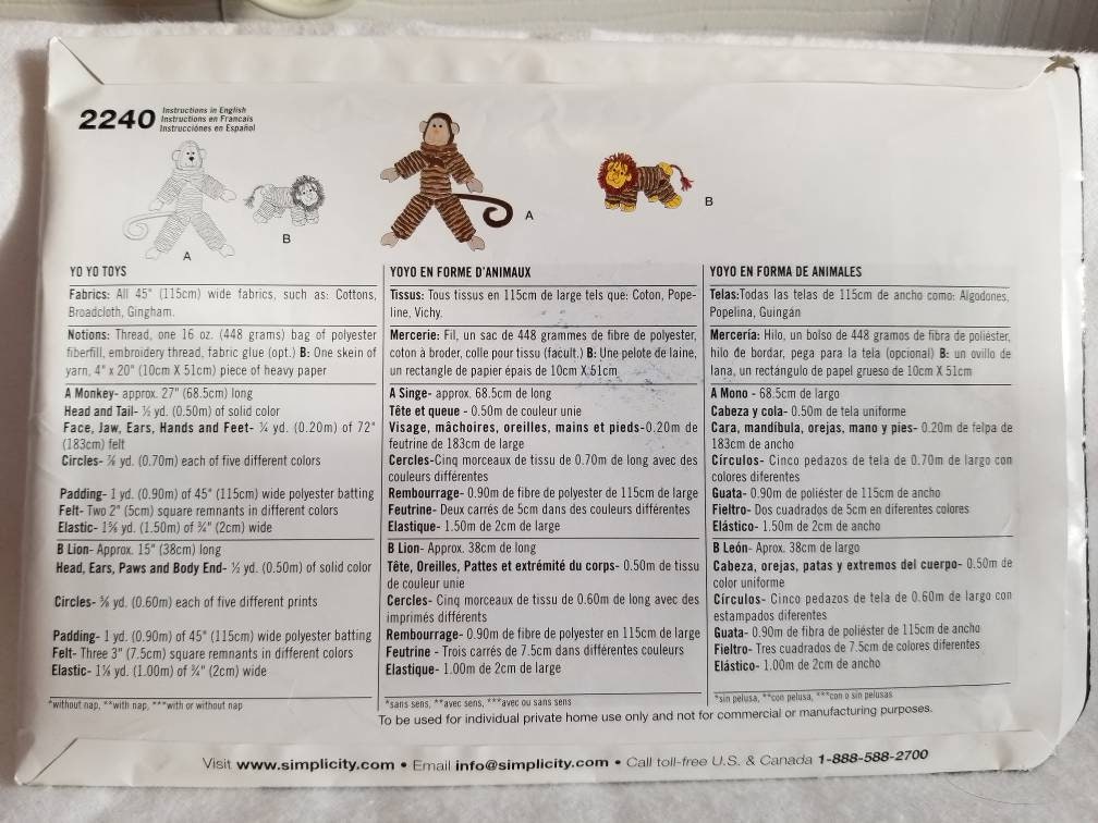 Simplicity 2240, Uncut Pattern, Yoyo Monkey, Yoyo Lion, Yoyo Pattern ...