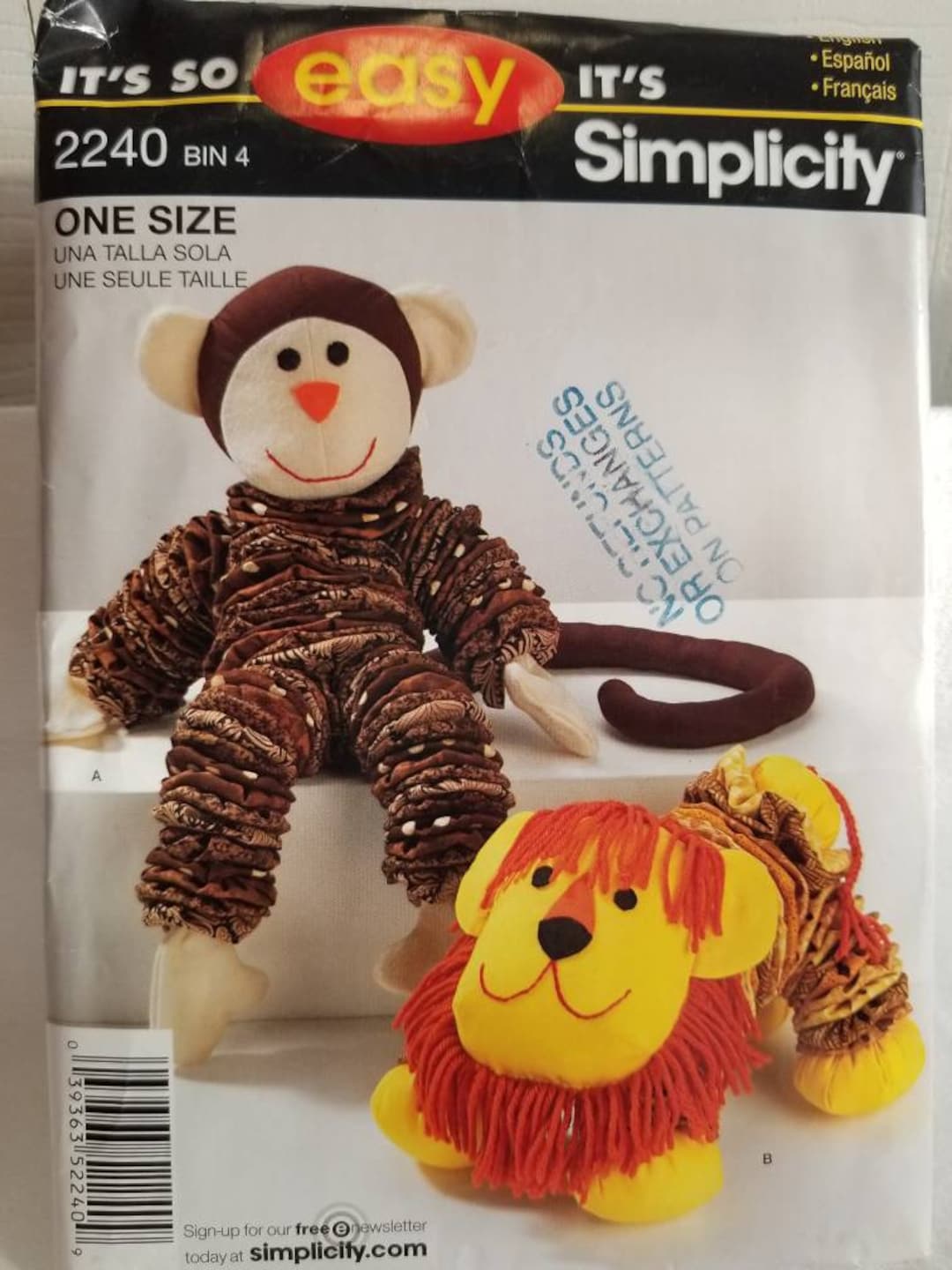 Simplicity 2240, Uncut Pattern, Yoyo Monkey, Yoyo Lion, Yoyo Pattern ...