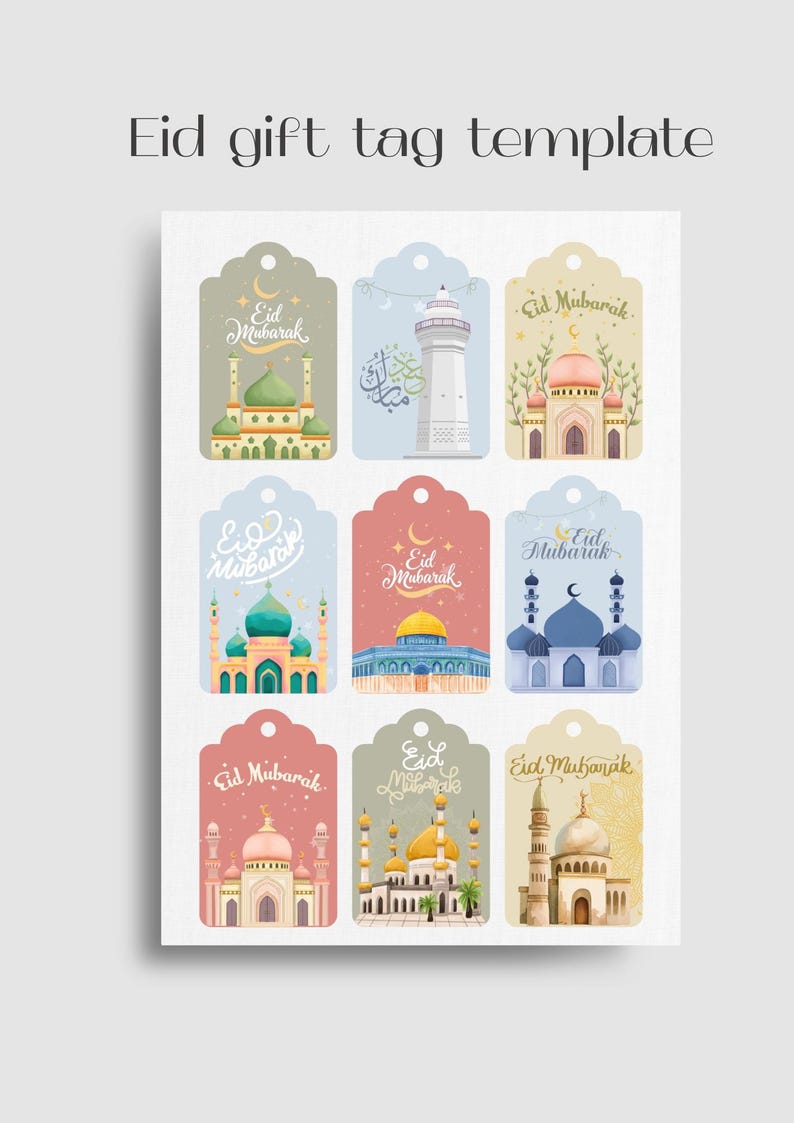 Eid Mubarak Gift Tags Printable Set - Mosque Eid Gift Tags, Eid Gifts ...