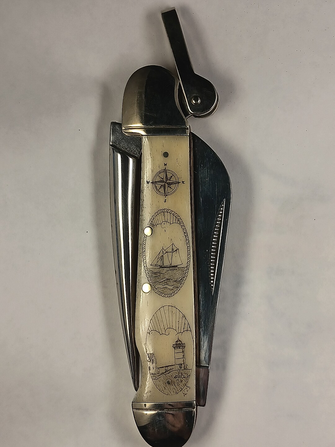 Scrimshaw Rigging Knife With Cape Neddick Lighthouse, Ship and Compass ...