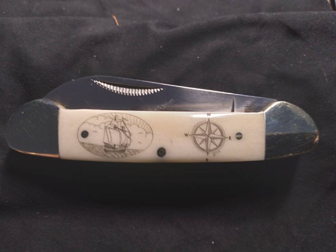 Scrimshaw "canoe" Folding Knife With Classic Ship and Compass Rose - Etsy