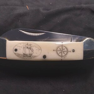 Scrimshaw canoe Folding Knife With Classic Ship and Compass Rose - Etsy