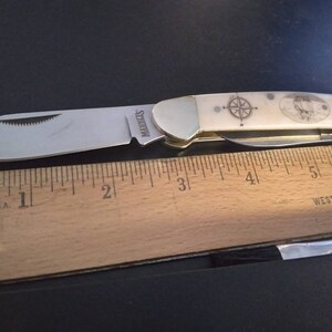 Scrimshaw canoe Folding Knife With Classic Ship and Compass Rose - Etsy