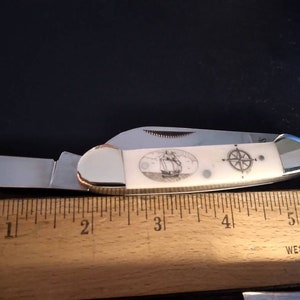 Scrimshaw canoe Folding Knife With Classic Ship and Compass Rose - Etsy