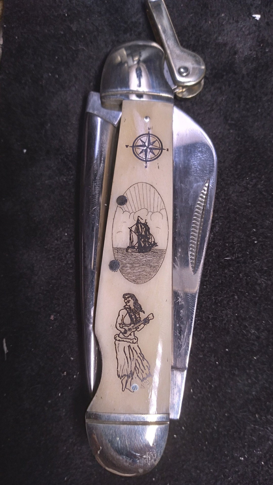 Personalized Scrimshaw Rigging Knife With Hula Dancer, Ship and Compass ...