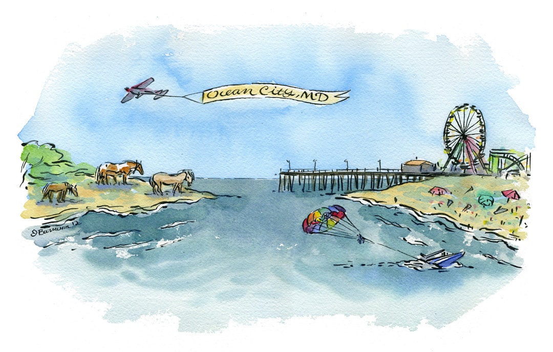 Ocean City Maryland Assateague Island Illustration Watercolor Print in ...