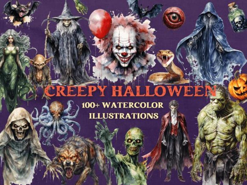 Creepy Halloween Clipart, 100 Designs - Etsy