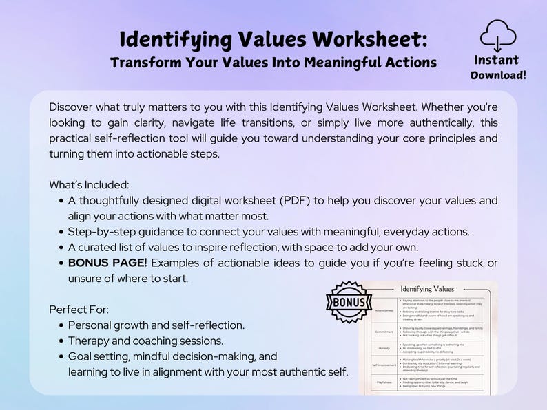Identifying Your Values Worksheet – Self-reflection Tool for Clarity ...