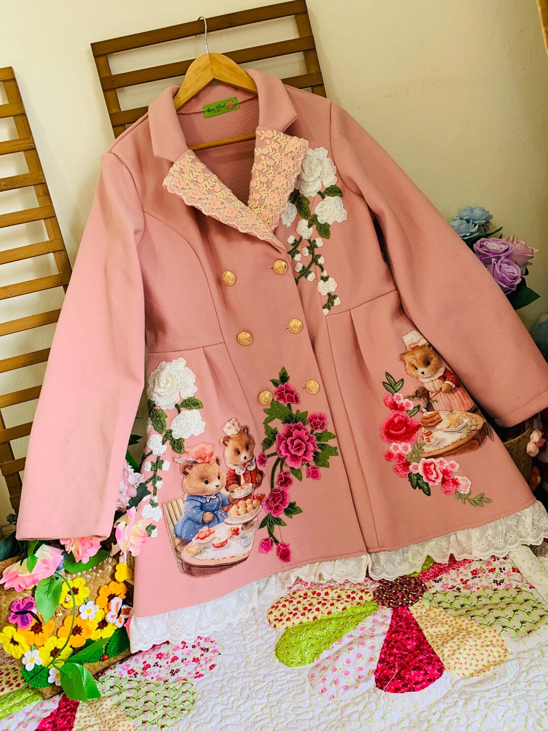 Bear Family Afternoon Tea Coat Handmade Pink Coat With Patchwork, Lace ...