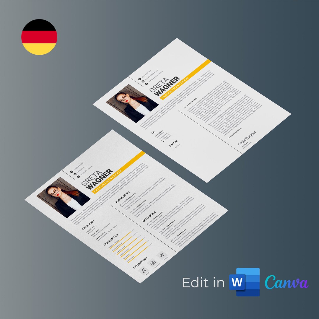 CV Template German With Photo, Application Templates for Word and Canva ...