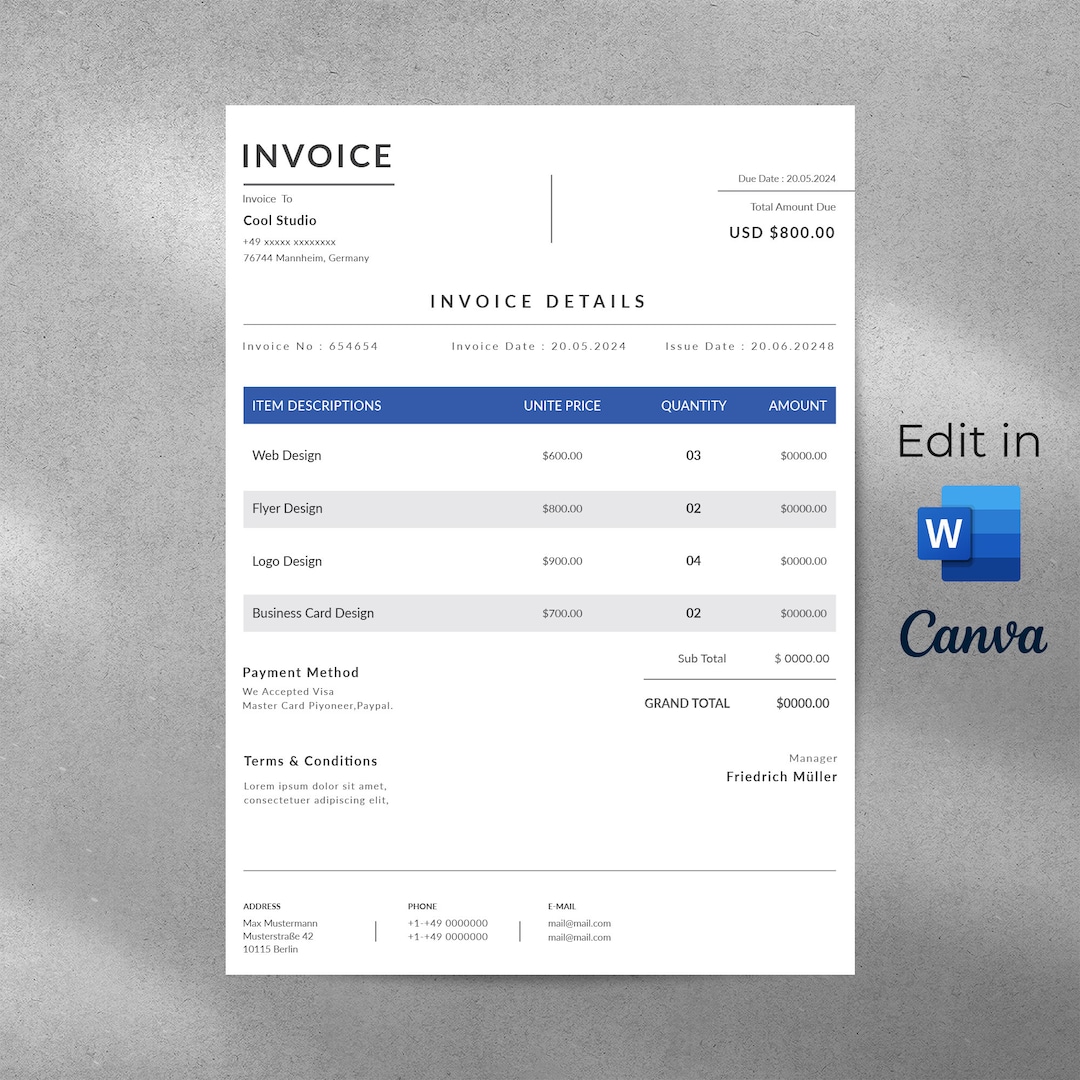 Invoice Template | Customizable and Printable Invoice Template | Modern ...