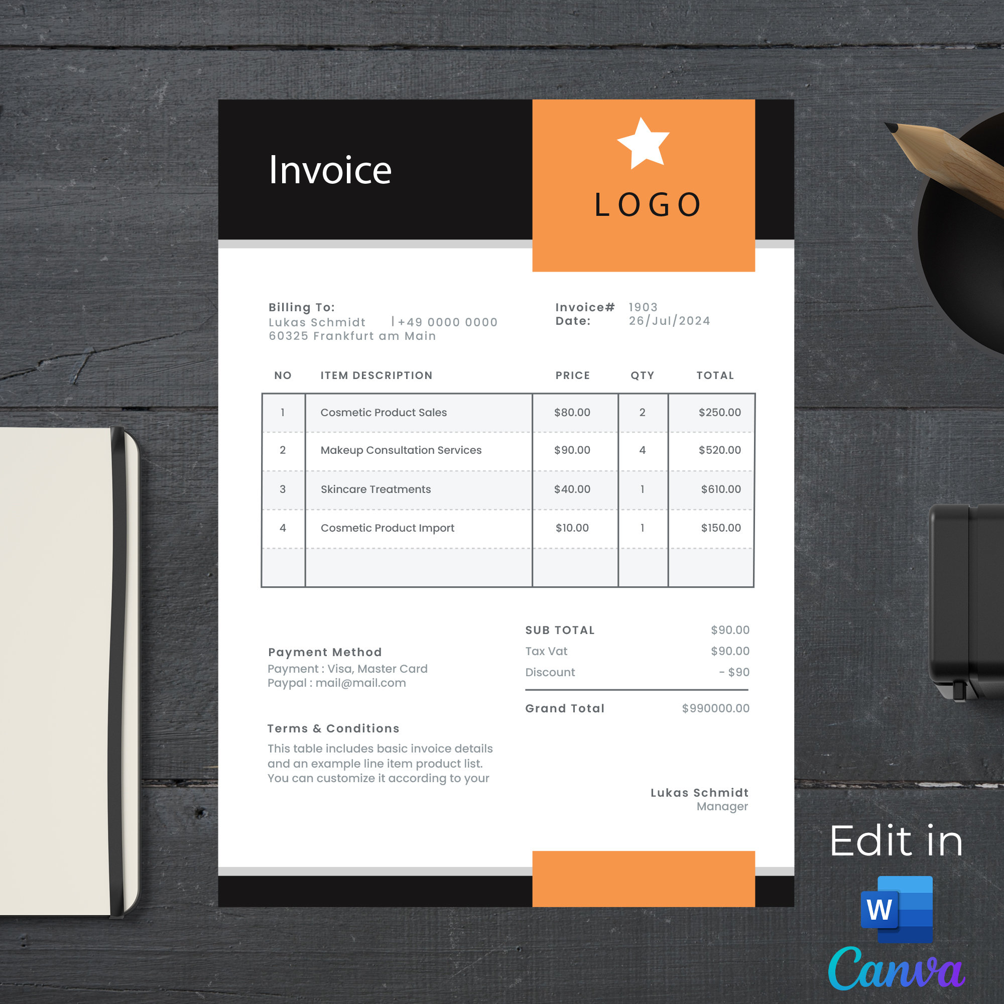 Invoice Template Word and Canva, Customizable, Printable, Professional ...