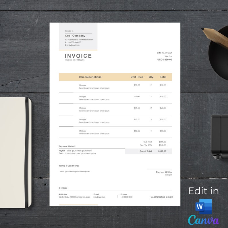 Customizable and Printable Invoice Template Invoice Template Modern and ...