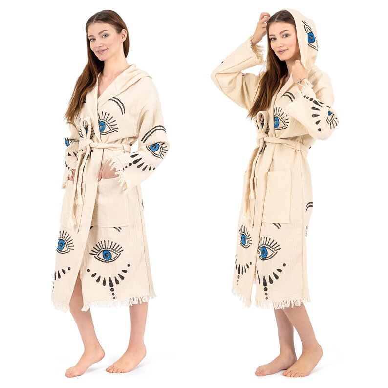 Handmade Hooded Evil Eye Boho Festival Kimono, Evil Eye Robe, Cover Up ...