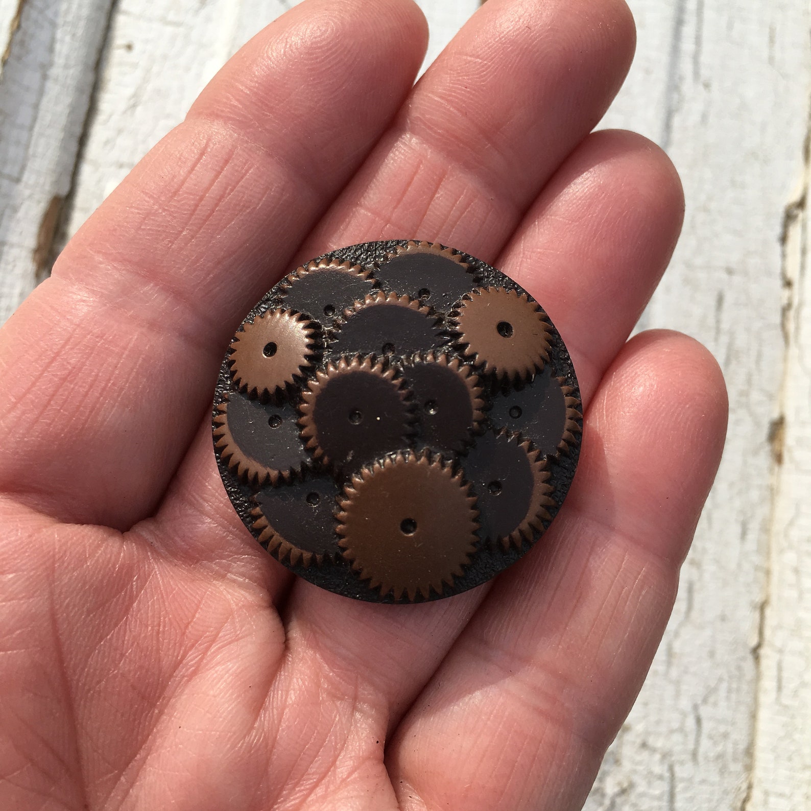 Brown buffed celluloid button steampunk button funky gear | Etsy