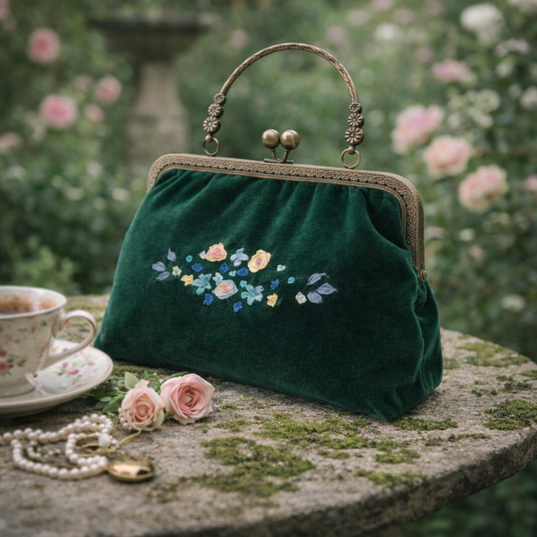 Emerald Green Velvet Handbag With Silk Ribbon Embroidery - Vintage ...