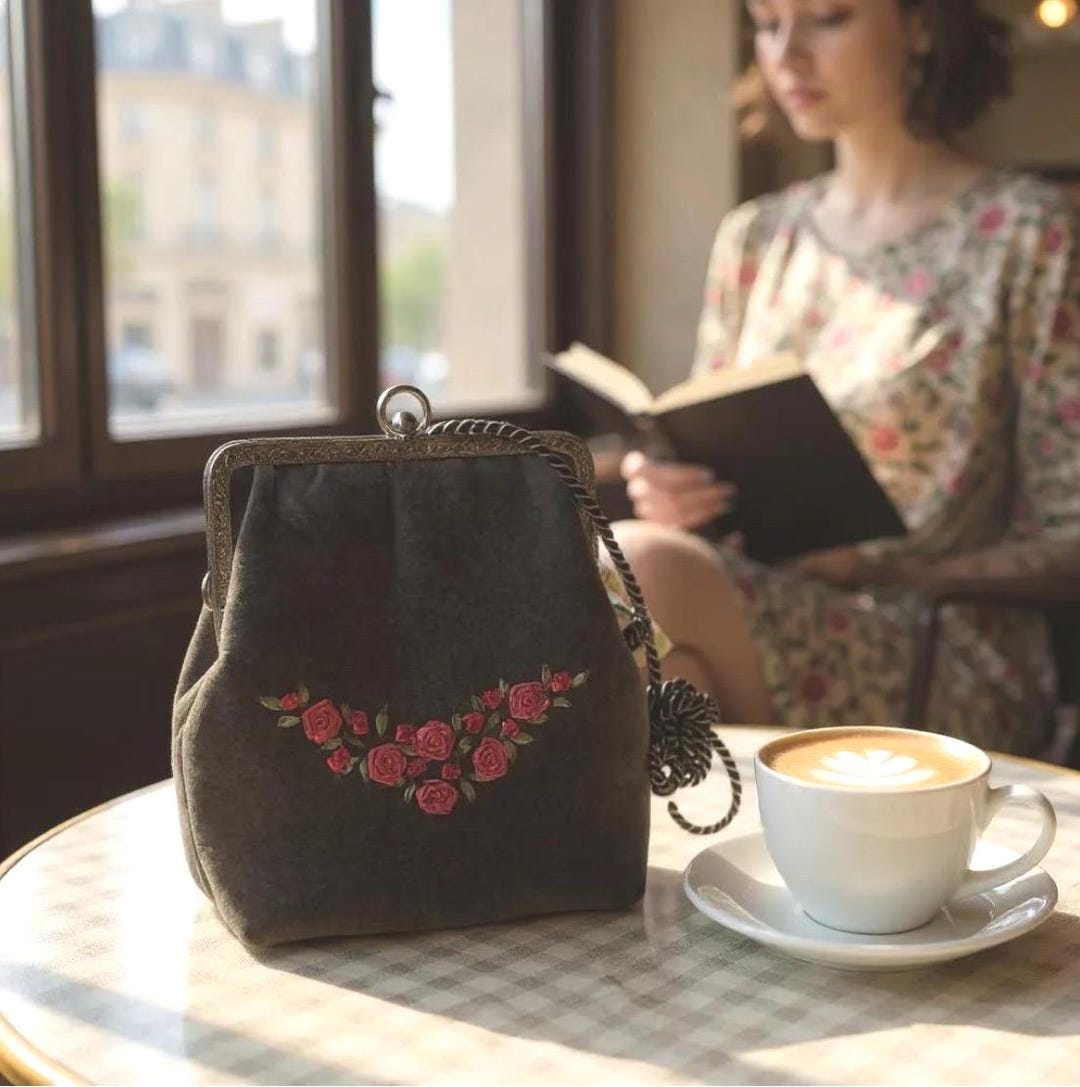 Dark Sage Velvet Purse With Hand- Embroidered Silk Roses / Elegant ...