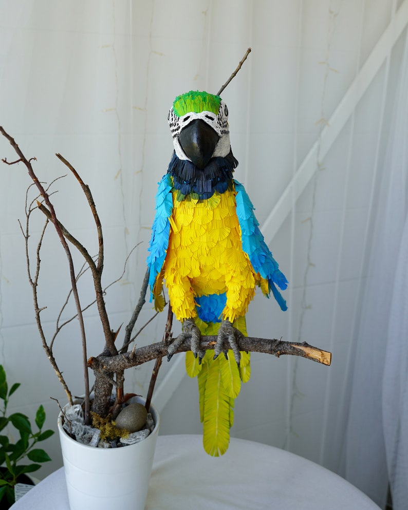 Handmade Paper Blue and Gold Macaw Parrot Bird Figurine Papercraft ...