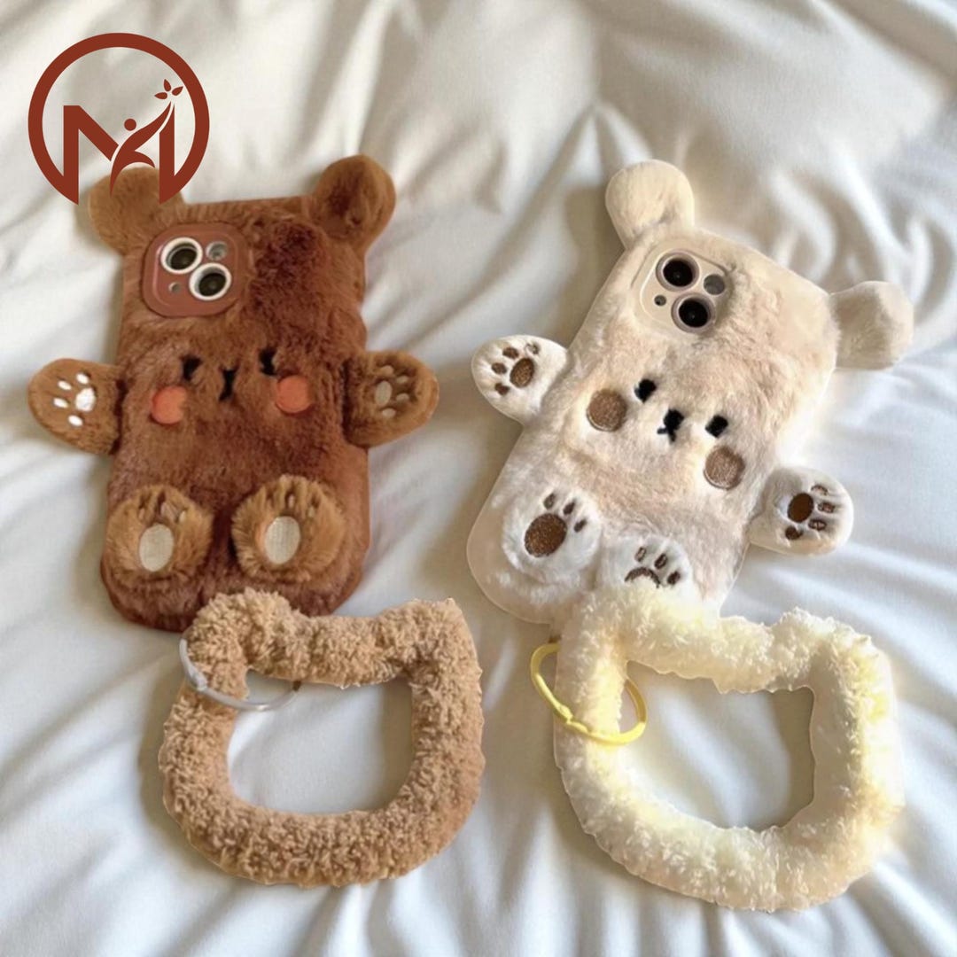 Kawaii Bear Plush Phone Case: Furry Cartoon Animal Cover With Chain - Etsy