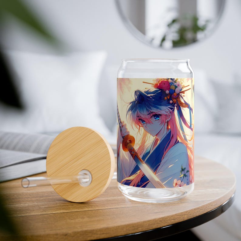 Anime Glass Cup, Japanese Manga Design, Bamboo Lid & Straw - Etsy