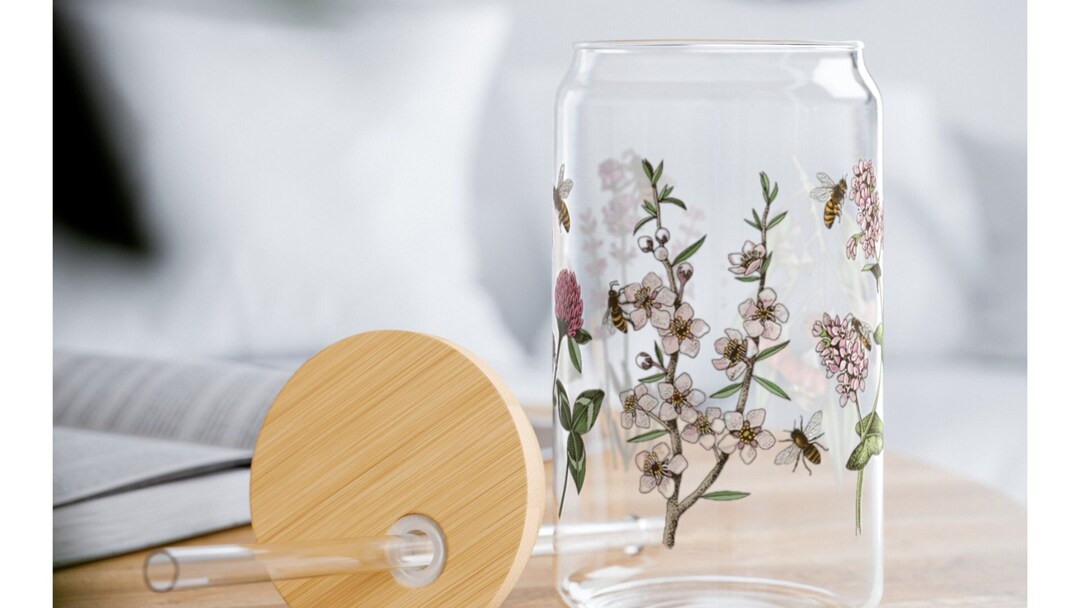 Flower Glass Sipper Cup Latte Cup Flower Glass Cup Lid and Straw ...