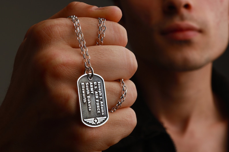 Custom Engraved Sterling Silver Dog Tag Necklace, Military ID - Etsy