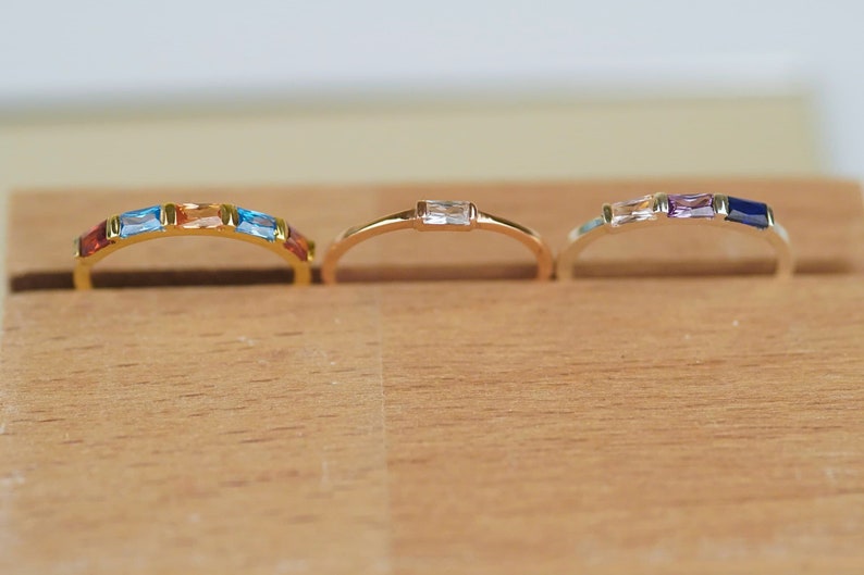 14K Solid Gold Birthstone Ring, Dainty Stacking Ring - Etsy
