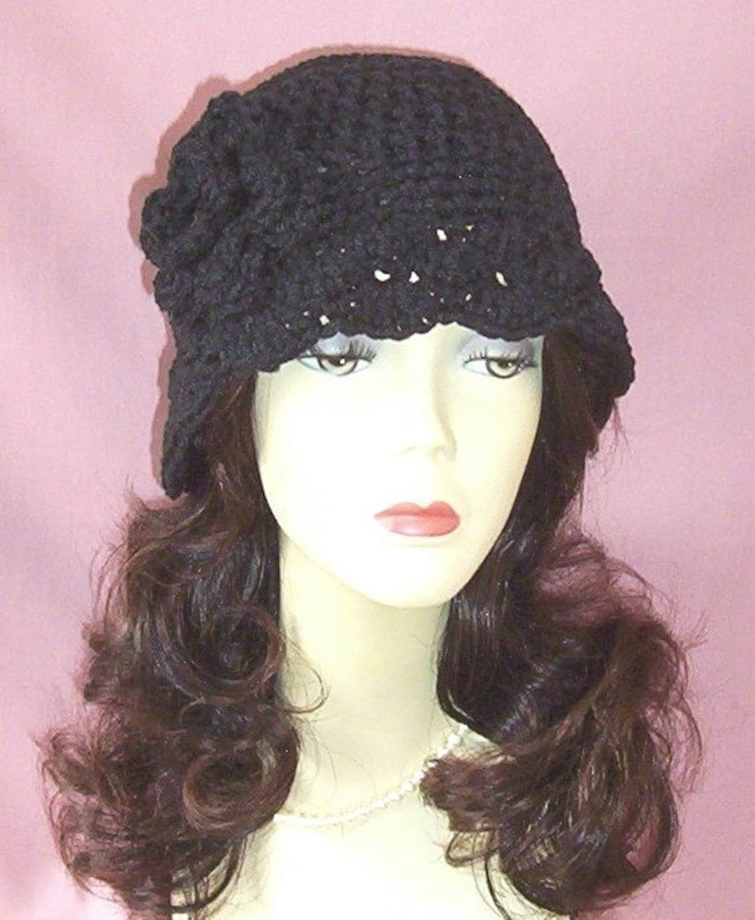 Hand Crochet Flapper 1920s Cloche Vintage Style Hat, Black With Flower ...