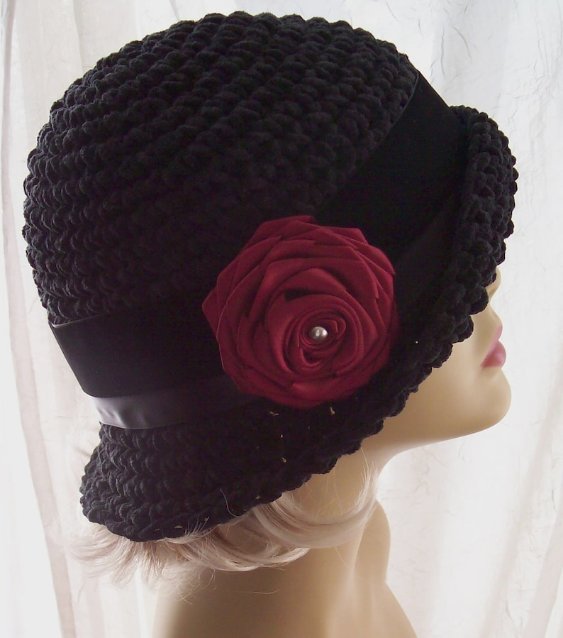 Black Faux Suede Cloche 1920s Style Flapper Hat Velvet Satin Rose - Etsy