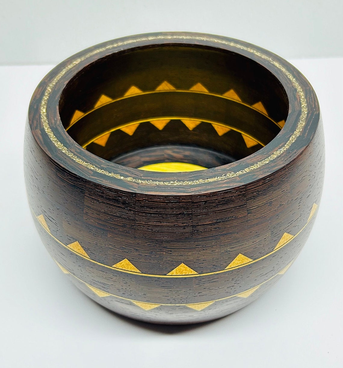 Wooden Lathe Turned Segmented Wenge Bowl, Yellowheart Accents, Black ...