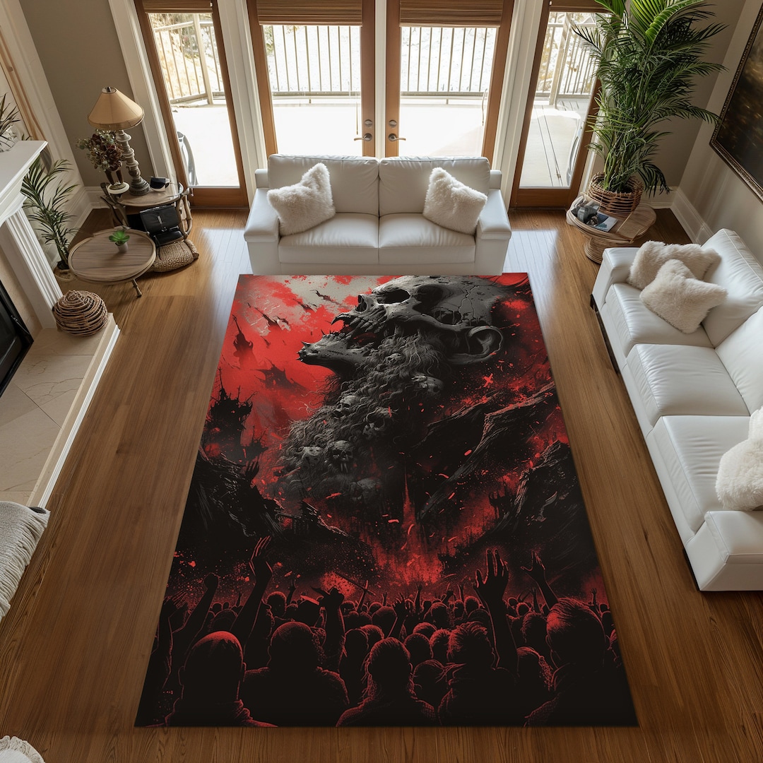 Skull and Flames Themed Rug, Flames in Hell Concept Rug, Lava Rug, 3D Rug, Burning Skull Rug ...