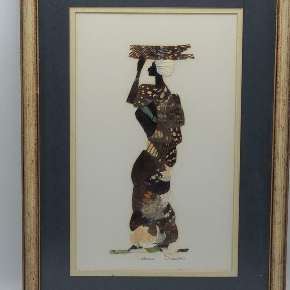 Joshua Balaka Signed Butterfly Wing Collage African Woman w/ Frame Art ...