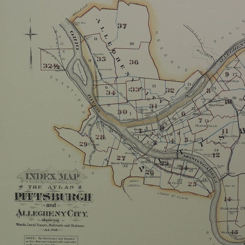 Vintage Pittsburgh Allegheny City Ward Map Atlas Index Lithograph 1890 ...
