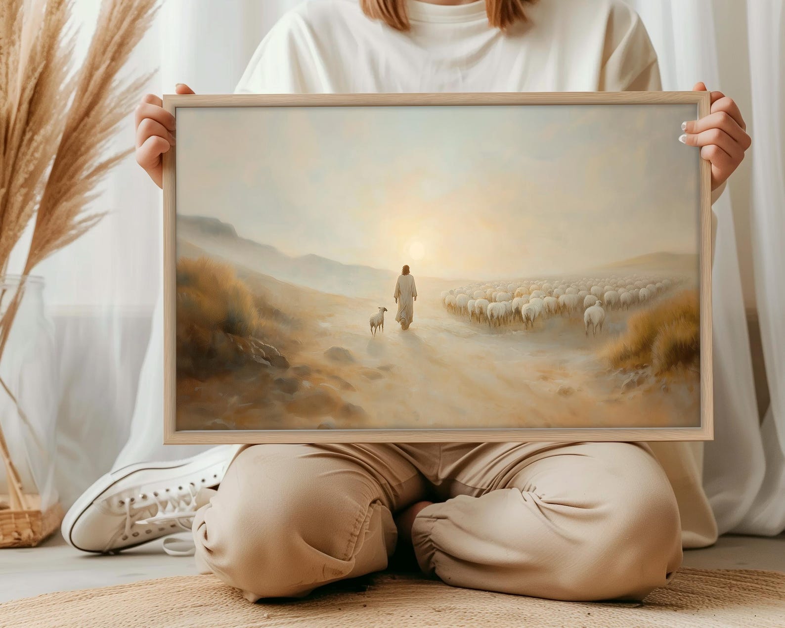 Jesus Leaves the 99, Boho Christian Landscape Wall Art, Bible Verse ...