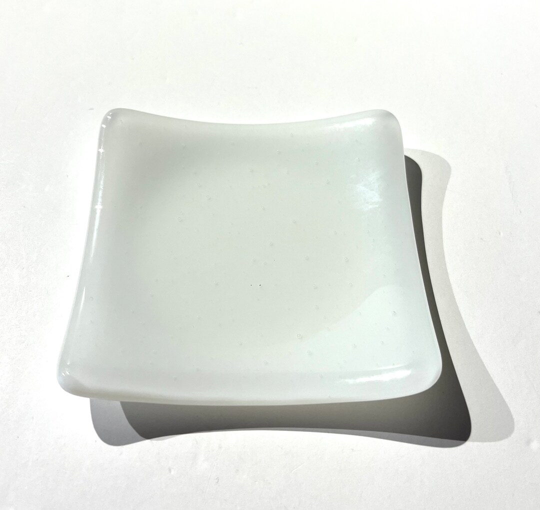 4 Inch by 4 Inch Shallow Square Glass Dish, White Fused Glass, Handmade ...