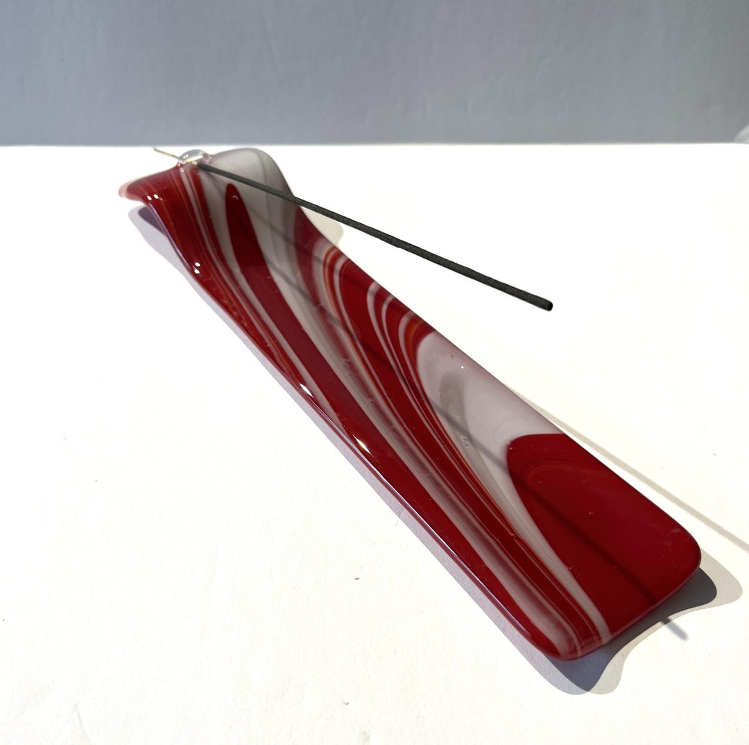 Glass Incense Holder, Red, White and Gray Swirled Fused Glass, Home and ...