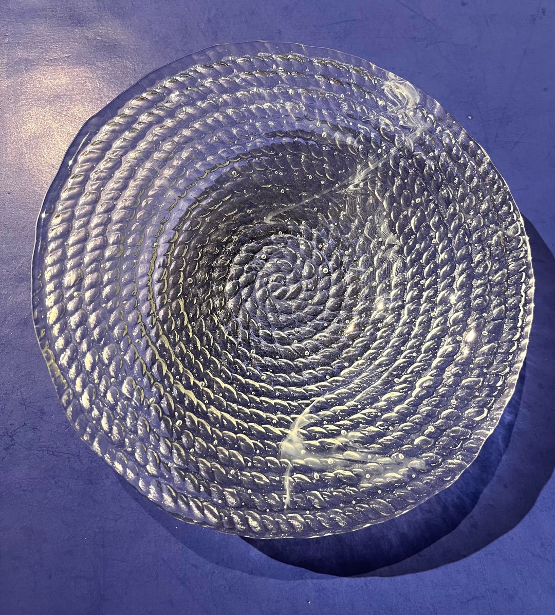 Textured Shallow Glass Bowl, Clear Fused Glass With White Wisps in a ...