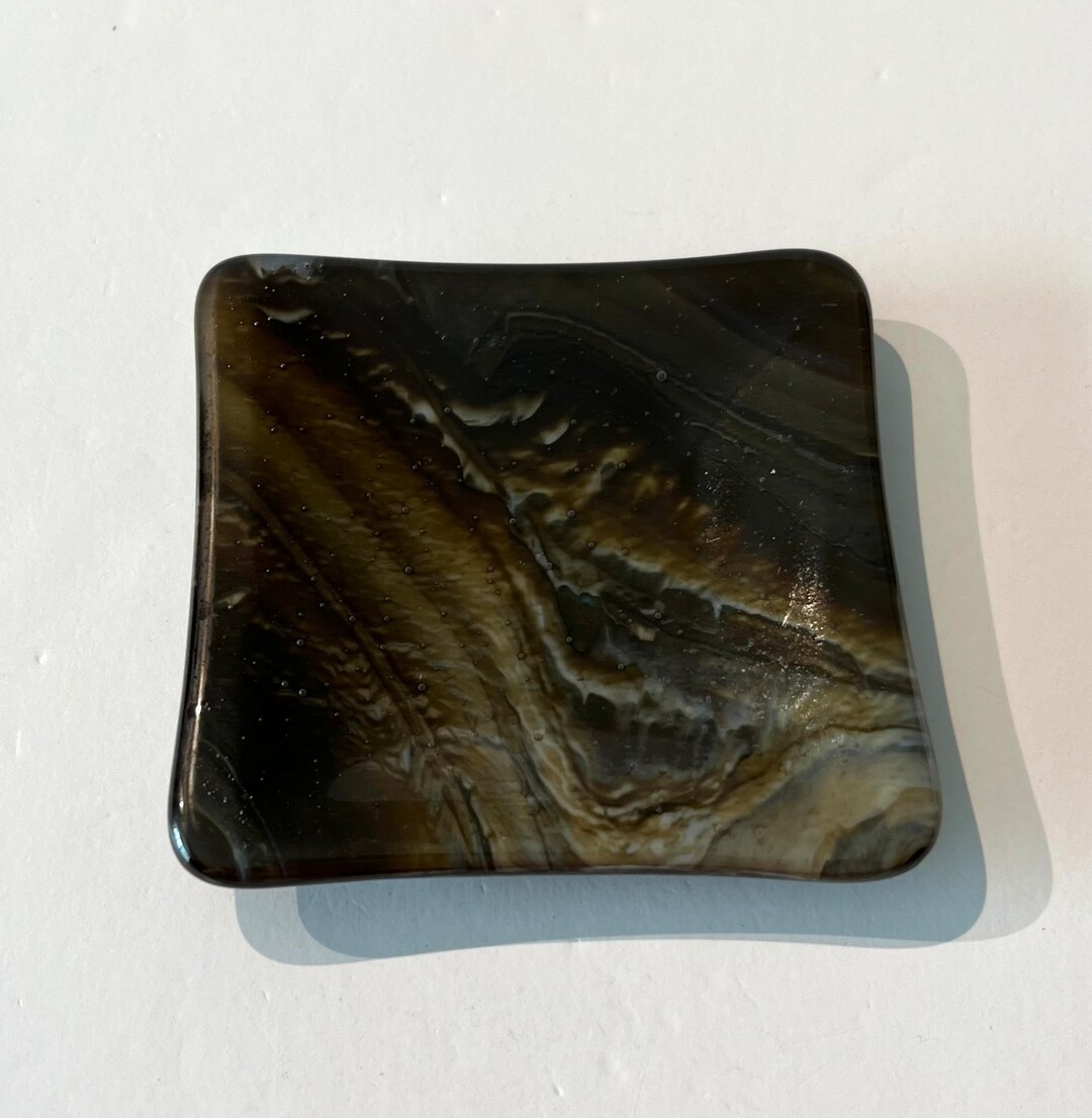 4 Inch by 4 Inch Square Glass Dish, Multi-hued Brown and White Swirled ...