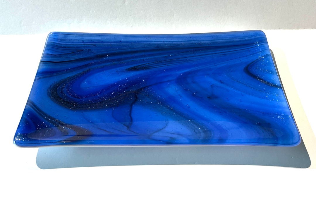 Glass Cheese Tray, Blue Swirled Fused Glass, Handmade Home Décor ...