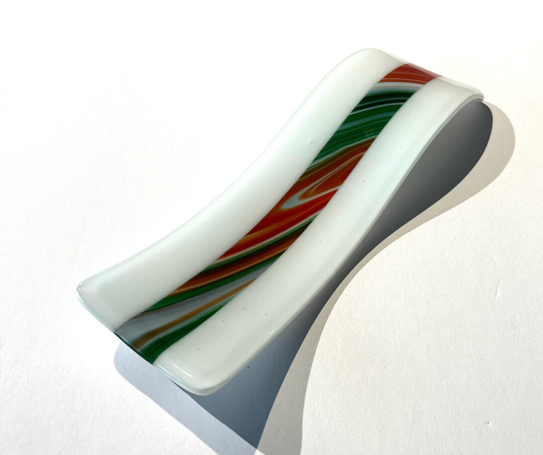 Holiday Spoon Rest, Red, Green and White Fused Glass, Handmade Holiday ...