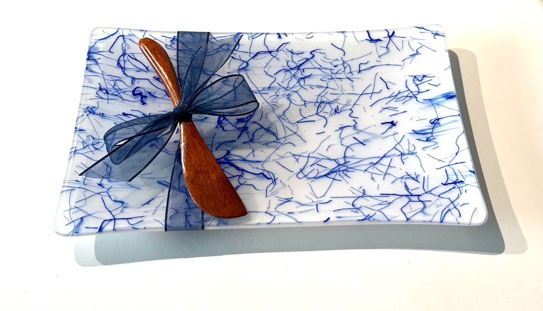 Glass Cheese Tray, Blue and White Fused Glass, Handmade Home Décor ...