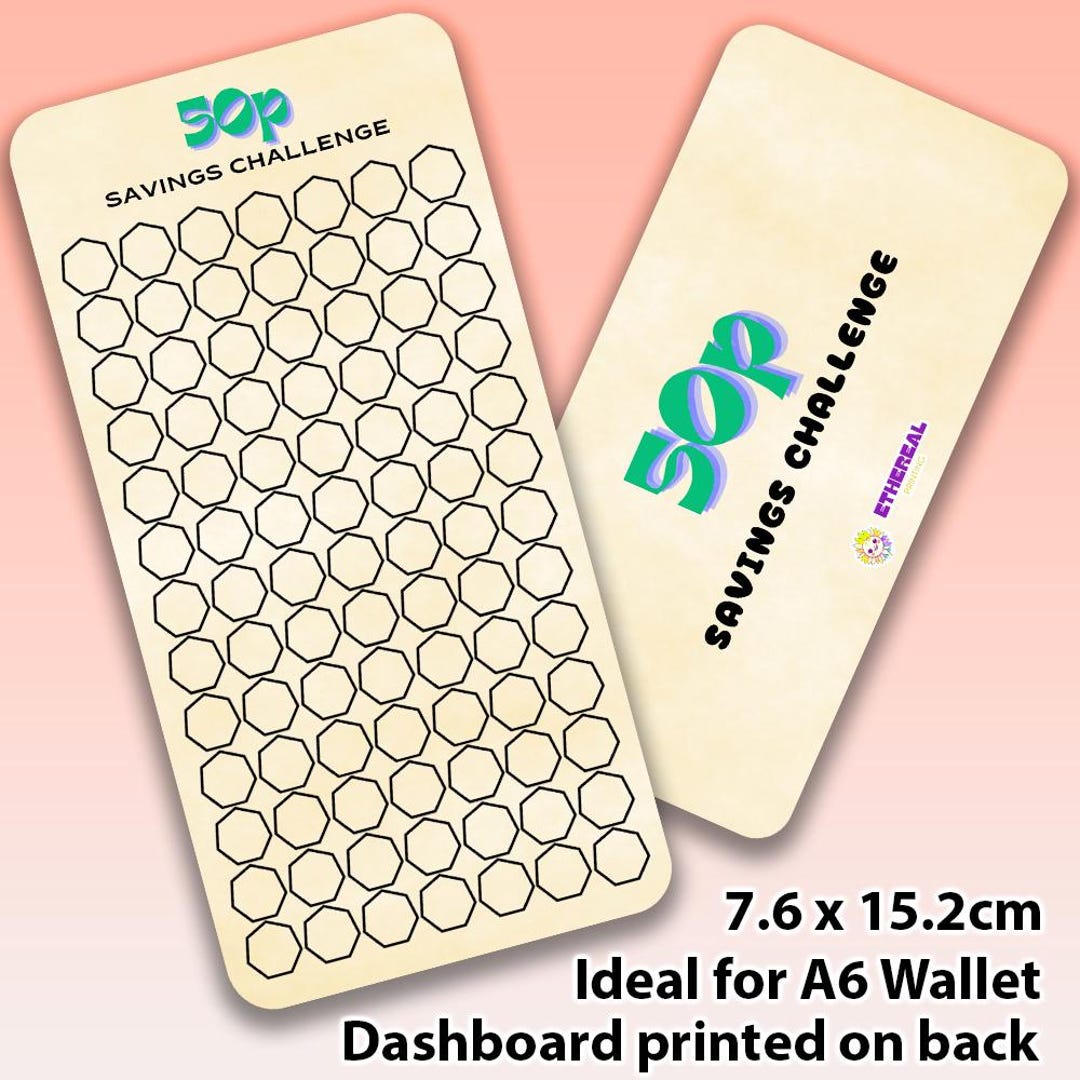 50p Savings Challenge, 3x6 Inches, Printed Dashboard on Back, Challenge ...
