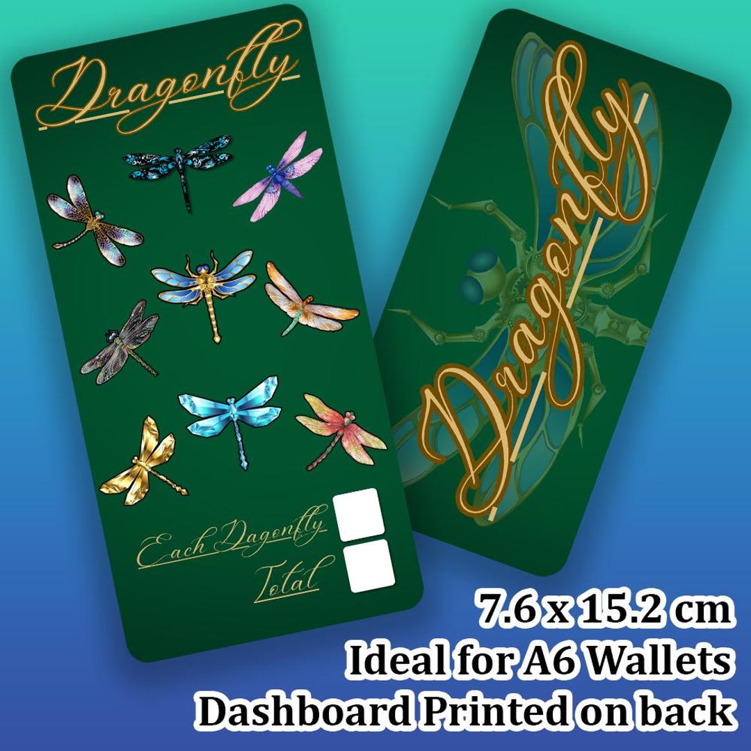 Dragonfly Savings Challenge 3x6in for Cash Wallets Lamination Options, Printed Dashboard on Back ...