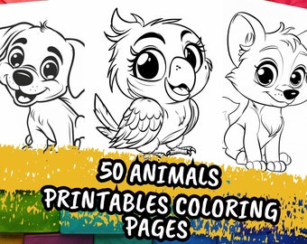 50 Cute Animals, Printable Coloring Pages for Kids, Instant Download ...