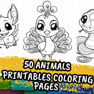 50 Cute Animals, Printable Coloring Pages for Kids, Instant Download ...