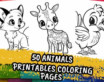 50 Cute Animals, Printable Coloring Pages for Kids, Instant Download ...